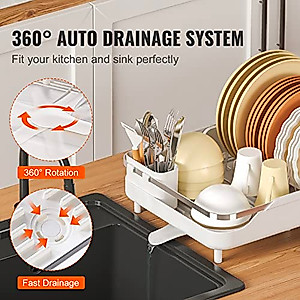 VEVOR Dish Drying Rack, Expandable (11.6"-18.5") Stainless Steel Dish Drainer with Drainboard, Large Capacity Storage Space Saver, Single Tier Cup and Utensil Holder for Kitchen Counter Over The Sink