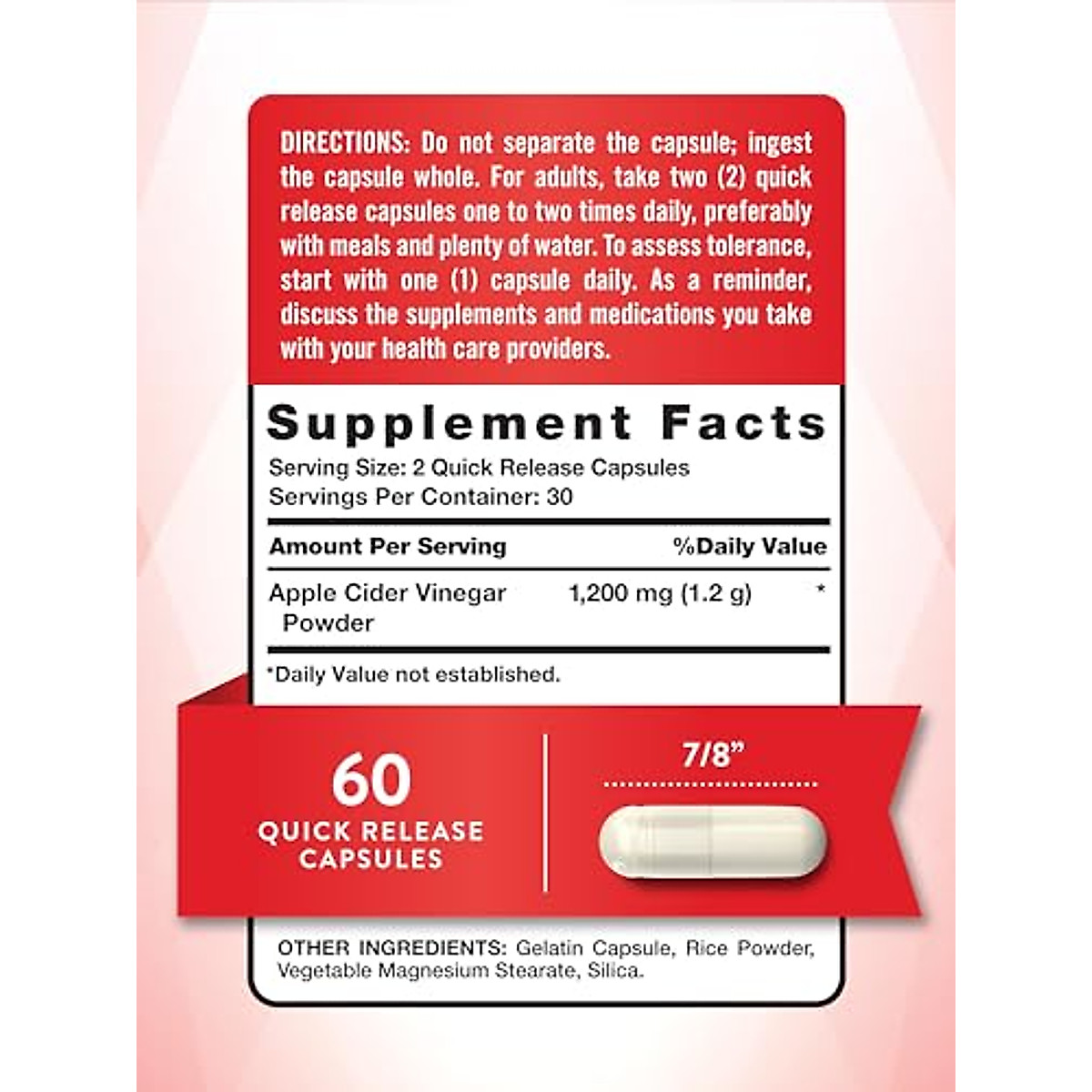 Apple Cider Vinegar Capsules | 1200mg | 60 Pills | Quick Release | Non-GMO & Gluten Free Supplement | by Nature's Truth