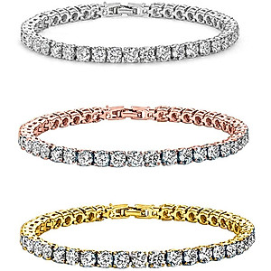Savlano 14K Gold Plated Cubic Zirconia Round 4MM Classic Tennis 7.5 in Bracelet For Women (3 Pack Tri-Color Set)