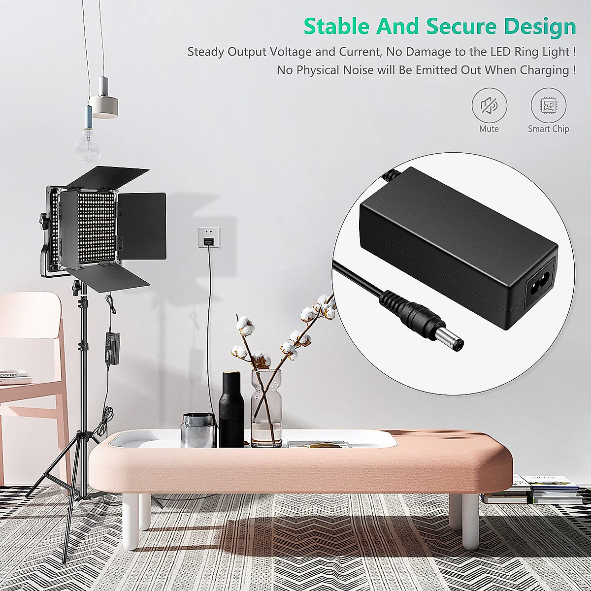 FITE ON AC 100-240V to DC 12V 5A 60W Power Supply Adapter Cable Cord Charger Replacement for Neewer 660 960 LED Video Light 12V 5A 60W Ring Light