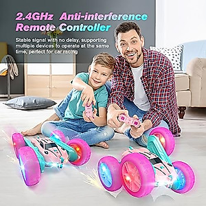 Remote Control Car, Hand Remote RC Cars, 90 Min Playtime, 2.4Ghz Double Sided 360° Rotating RC Crawler with Lights, 4WD Off Road Drift RC Stunt Race Car Gift Toy for Boys and Girls Aged 6-12 Pink