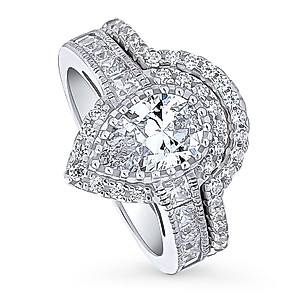 BERRICLE Sterling Silver Halo Wedding Engagement Rings Pear Cut Cubic Zirconia CZ Milgrain Ring Set for Women, Rhodium Plated Size 6