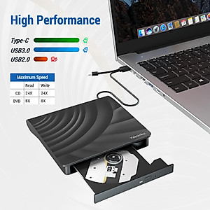 Yaeonku External CD DVD Drive, USB 3.0 Type-C Portable CD DVD +/-RW Drive, DVD/CD ROM Rewriter Burner, Compatible with Laptop PC Windows Linux Mac OS