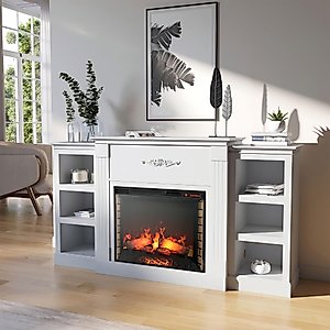 Della Electric Faux Fireplace TV Stand Mantel Heater, Entertainment Center with Built-In Bookshelves and Cabinets, Remote Control and Enhanced Log Display - White