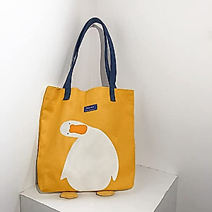 MEETPET Cute Canvas Tote Bag for Women and Teen Girls, Reusable Cotton Cloth Bag for Lunch Grocery School Shopping and Beach (Shoulder Carry Yellow Duck)