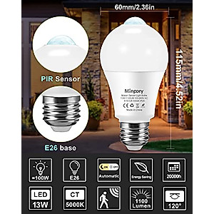 Minpory Motion Sensor Light Bulbs Outdoor, Movement Activated Dusk to Dawn LED Security Bulbs, 13W(100W Equivalent) A19 E26 5000K Daylight Cool White for Garage Porch Basement Hallway Closet, 2 Pack