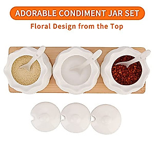 Sugar Bowls Set, Kitchenexus Condiment Jars Pots Set with Lids and Spoons Ceramic Salt Pepper Box Container, Canister Seasoning Box with Bamboo Tray 8.8 ounce/260 ml White