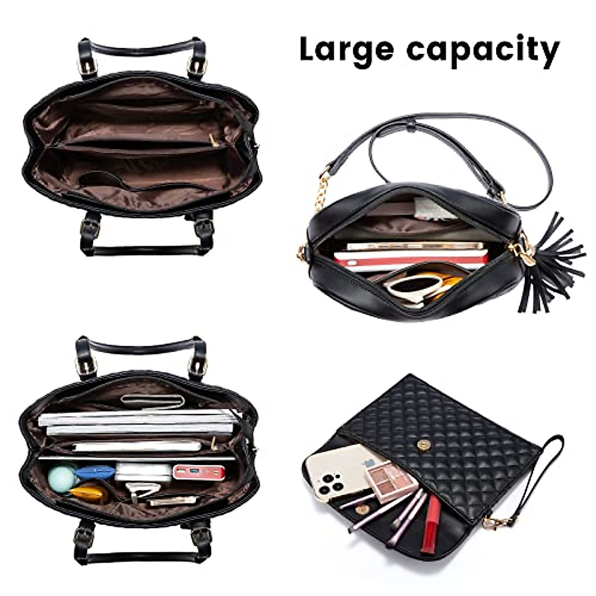 LOVEVOOK Purses for Women, Quilted Womens Handbags and Purses Set with Vegan Leather, Fashion Tote Purse with Top Handle, Satchel Shoulder Bag with Top Zipper, 3pcs, Black