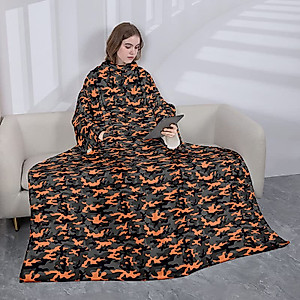 Camouflage Fleece Wearable Blanket with Sleeves Pocket, Camo Orange Grey Black Warm Soft and Cozy Functional Blankets, Military Style Gifts for Women Girlfriend Mom Wife and Daughter, 50"x50"