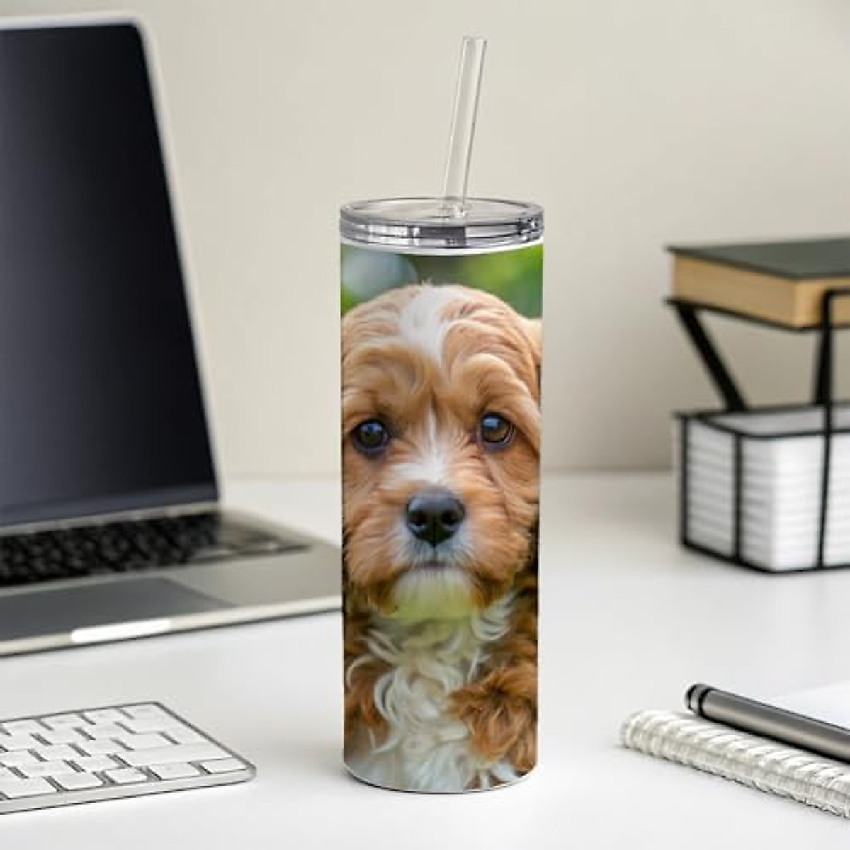 Cavapoo Dog Puppy Photo Skinny Tumbler 20oz with Straw Insulated Water Bottle Gift