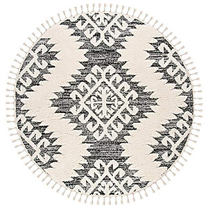 SAFAVIEH Moroccan Tassel Shag Collection Area Rug - 8' Round, Ivory & Grey, Boho Design, Non-Shedding & Easy Care, 2-inch Thick Ideal for High Traffic Areas in Living Room, Bedroom (MTS652F)