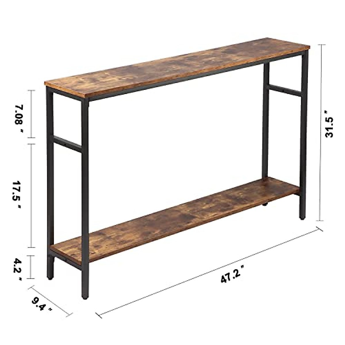 Timberer Narrow Console Table, 47 Inch Sofa Table with Adjustable Shelf, 2-Tier Long Skinny Table for Hallway, Entryway, Living Room, Foyer, Rustic Brown