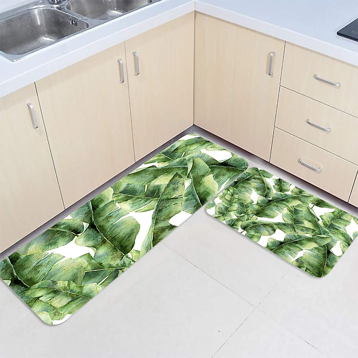 Green Banana Leaves Kitchen Rugs and Mats Non Skid Washable Cushioned Kitchen Mat Anti Fatigue Mat Kitchen Set of 2 Waterproof Tropical Decor Stylish Graphic Illustration
