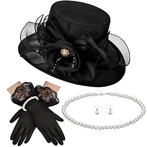 Aurelema 5 Pcs Derby Fascinator Hat for Women Tea Party Hat and Gloves Set Wide Brim Hat Pearl Necklace Bracelet and Earring(Black)