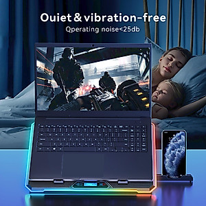 KYOLLY RGB Cooling Pad Gaming Laptop Cooler, Laptop Fan Cooling Stand with 6 Quiet for 15.6-17.3 inch laptops, 9 Height Stand, LED Lights & LCD Screen, 2 USB Ports, Lap Desk Use