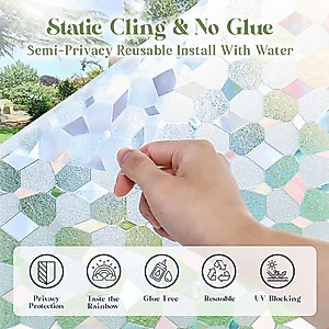 Waovacy Window Privacy Film Stained Glass Door Window Covering Decorative Window Clings Static Cling No Adhesive 3D Frosted Window Cover UV Sun Blocking Vinyl Window Sticker for Home,17.4x78.7Inch