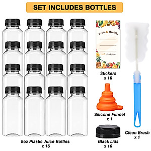 Moretoes 16pcs 8oz Plastic Juice Bottles with Caps, Reusable Juicing Bottles for Juice Milk Smoothie and Other Beverages