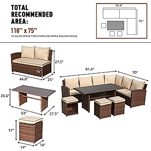 JOIVI 7 Piece Patio Furniture Set, Patio Dining Sofa Set, Outdoor Sectional Sofa Conversation Set All Weather Wicker Rattan Couch Dining Chair & Table with Ottoman, Brown Rattan Beige Cushion