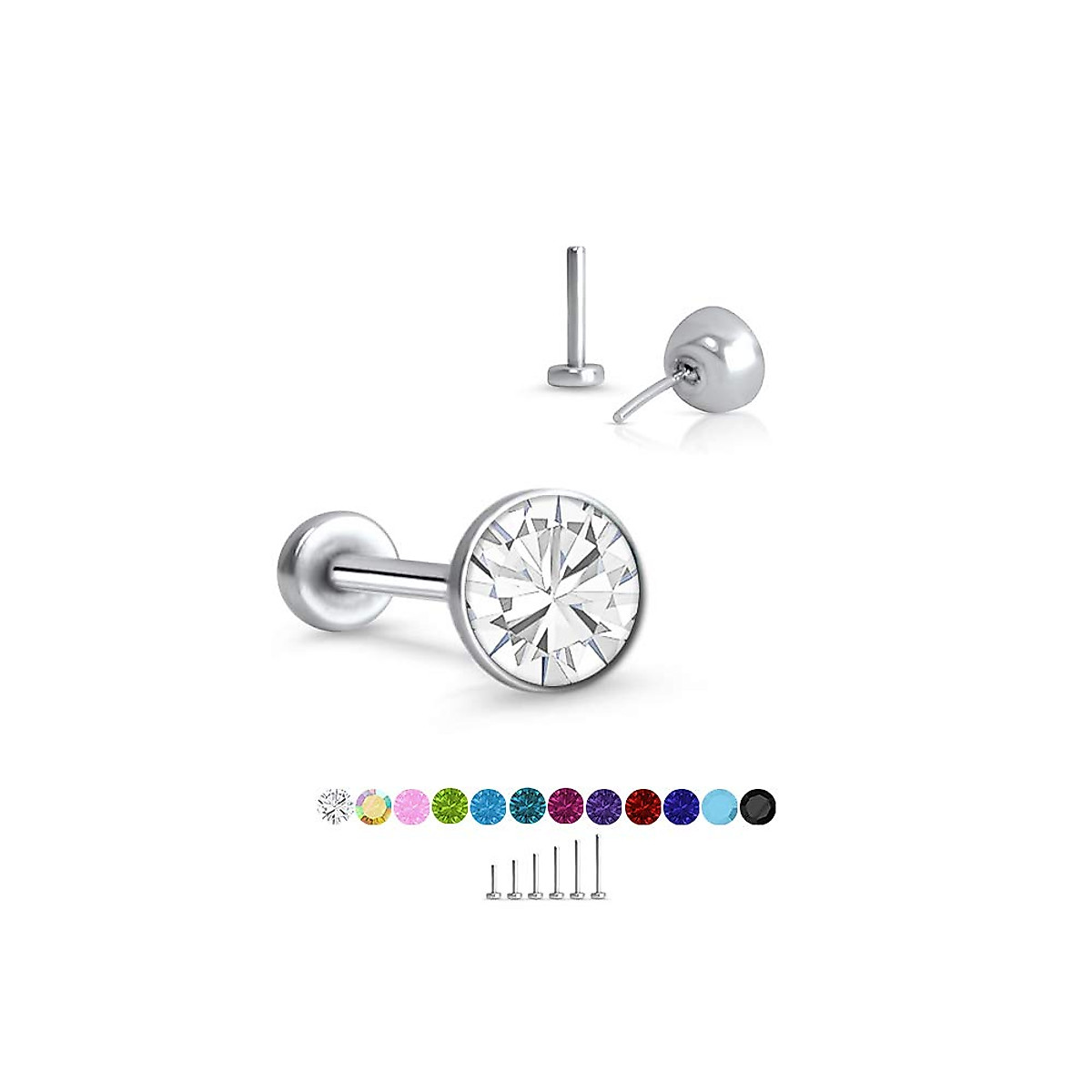 316 Stainless Steel Threadless Push Pin Nose Ring Labret Monroe Stud 4mm Glued Teal CZ 18G