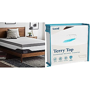 Lucid 4 Inch Bamboo Charcoal Memory Foam Mattress Topper - Full & Premium Hypoallergenic 100% Waterproof Mattress Protector - Universal Fit, Cotton Terry Top, Full