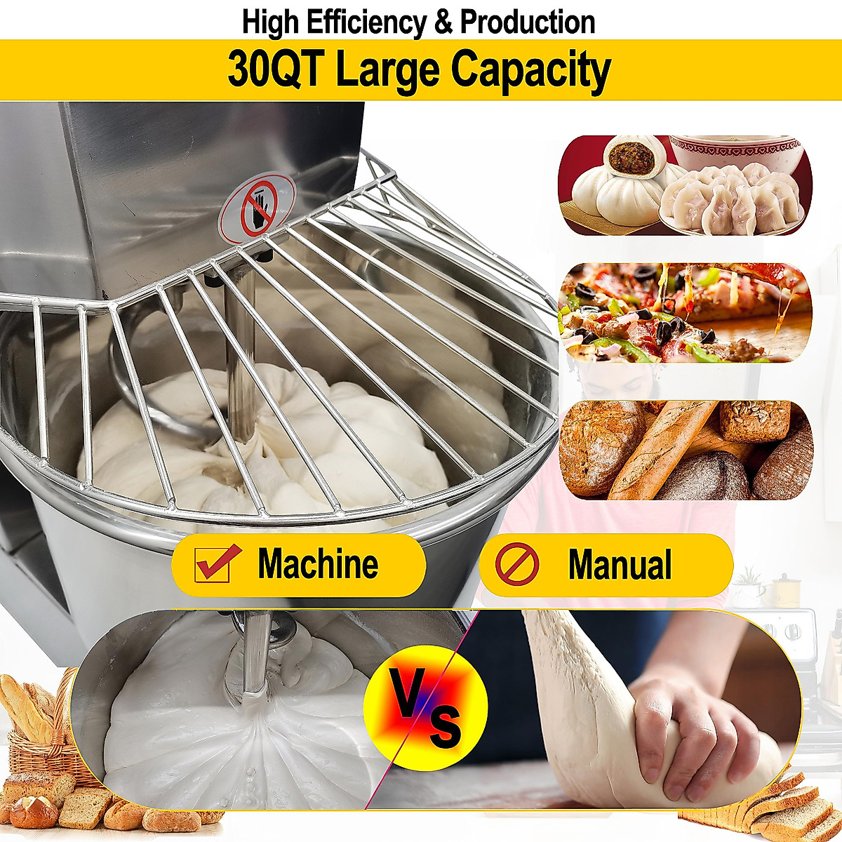 TECHTONGDA 30L Commercial Dough Mixer Electric Flour Mixer Dual Rotating Double Speed Dough Kneading Machine Stainless Steel Stand Mixer Pizza & Bread Dough Mixing Machine for Restaurant Pizzeria