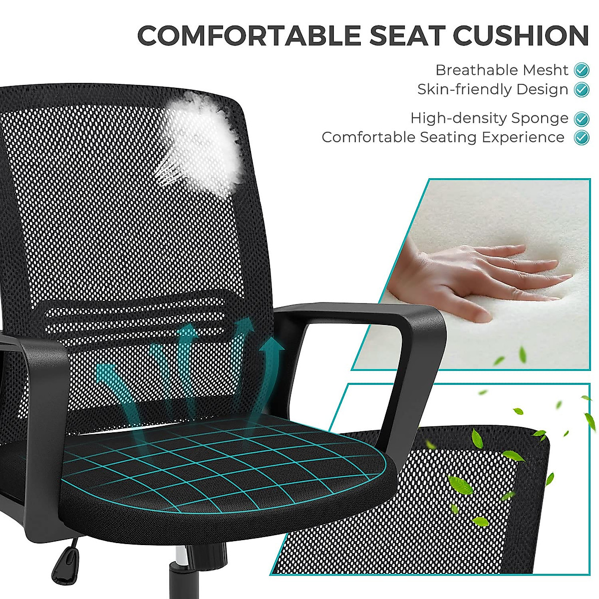 STAFFPENGUIN Ergonomic Computer, Home Wheels, Mid Back Mesh Office Desk Rolling Swivel Task Chair with Lumbar Support Armrests, Black