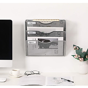 EasyPAG 3 Tier Wall File Holder Hanging Mail Organizer Meta Wall Mount Magazine Rack for Home and Office,Silver