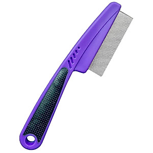LLTGMV Flea Comb with Rubber Handle, Cat and Dog Flea Comb, Stainless Steel and Plastic, Medium, Purple