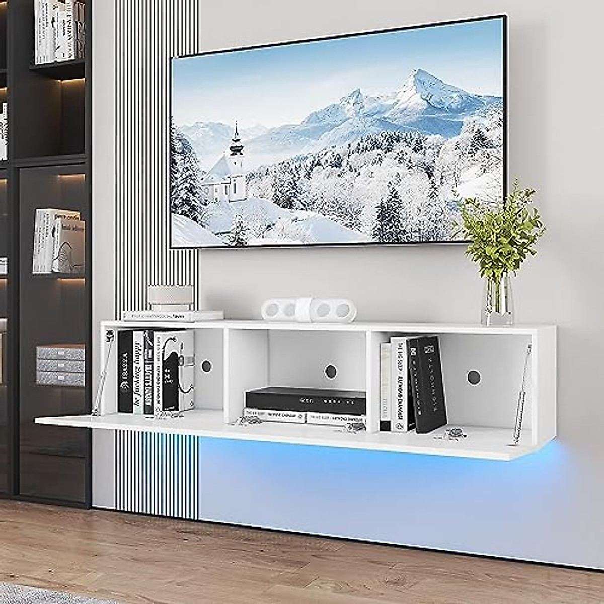 HOMMPA Floating TV Stand with Led Light for 63 Inch TVs Wall Mounted Led Entertainment Center with High Gloss Storage Modern Floor White Mounted Media Console for Living Room