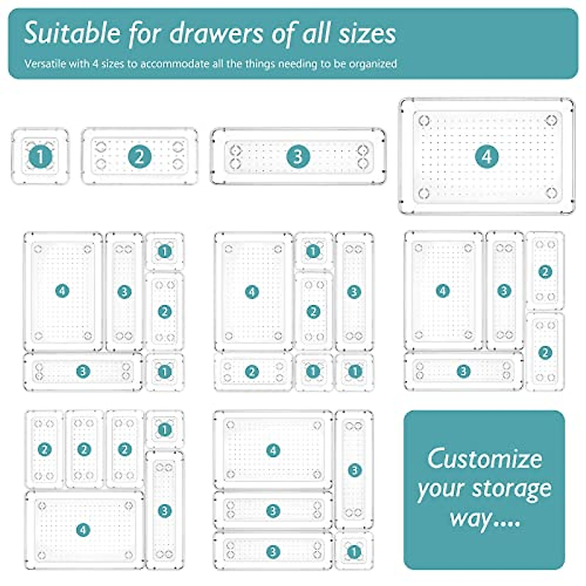 QUEFE 25 PCS Drawer Organizer Set, 4-Size Clear Plastic Drawer Organizers Trays Bathroom Organizers Dresser Storage Bins Separation Box for Makeup, Jewelries, Gadgets, Bathroom, Office, Bedroom