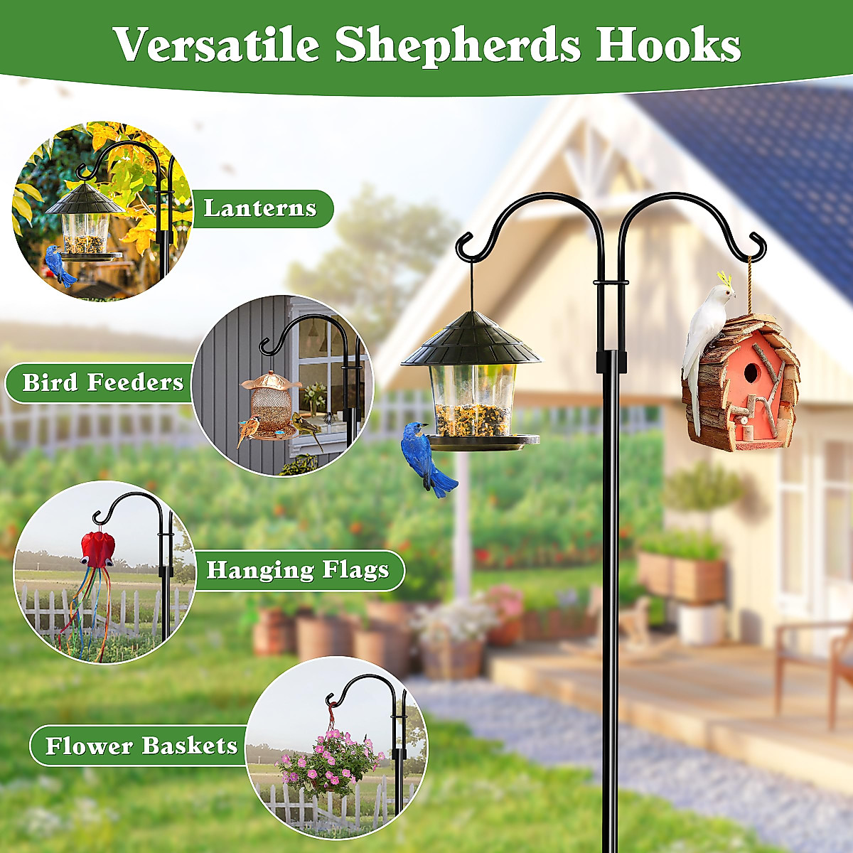 LWWTBS Double Shepherds Hooks for Outdoor (1Pack,76 inch) Heavy Duty Adjustable Bird Feeder Pole Garden Decor Shepherds Hook for Hanging Bird Feeder, Plant Baskets, Hummingbird Feeder for Outside