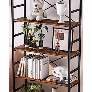 CosyStar 5-Tier Adjustable Tall Bookcase, Rustic Wood and Metal Standing Bookshelf, Industrial Vintage Book Shelf Unit, Open Back Modern Office Bookcases