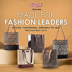 Tote Bags for Women by Sixtease - Large Tote Bag with Zipper Top - Genuine Leather Strap, Upcycled Canvas, Rug, Hair On and Hardware Accents - Vintage Style Hand Stitched - Efflorescence