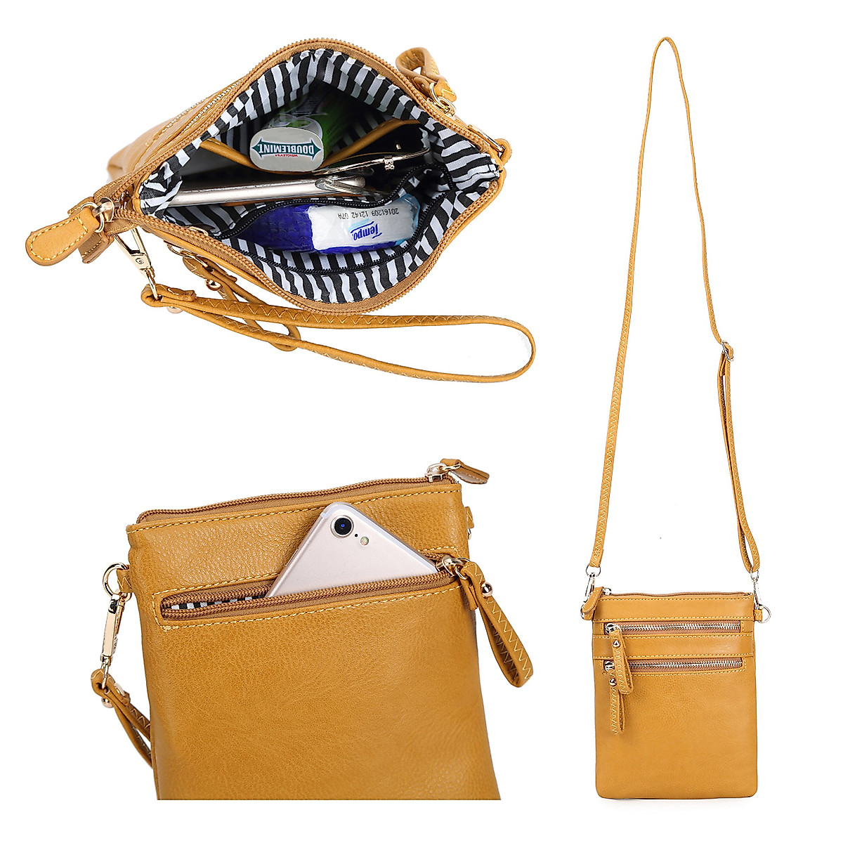 Solene Women's Faux Leather Organizer Multi Zipper Pockets Handbag With Detachable Wristlet Crossbody Bag-WU002(Mustard)