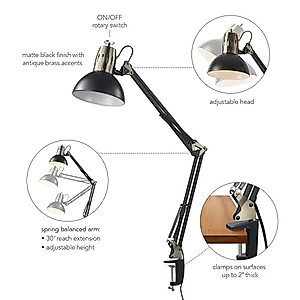 Globe Electric 62000009 32" Multi-Joint Desk Lamp with Metal Clamp, Matte Black, Antique Brass Accents, On/Off Rotary Switch on Shade, Partially Adjustable Swing Arm, Home Décor, Office Accessory