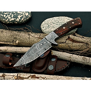 Damascus Steel Hunting Knife Fixed blade knife Damascus Bolster Walnut Wood Handle Mosaic Pin, Bush craft, Outdoor Camping, with Cowhide Leather Sheath – BW-4144