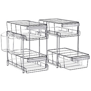 2 Tier Clear Organizer with Dividers, Multi-Purpose Pull Out Storage Container with Hanging Cups, Clear Under Sink Organizers, Bathroom Kitchen Pantry Storage, Medicine Cabinet Organizer(2 SET)