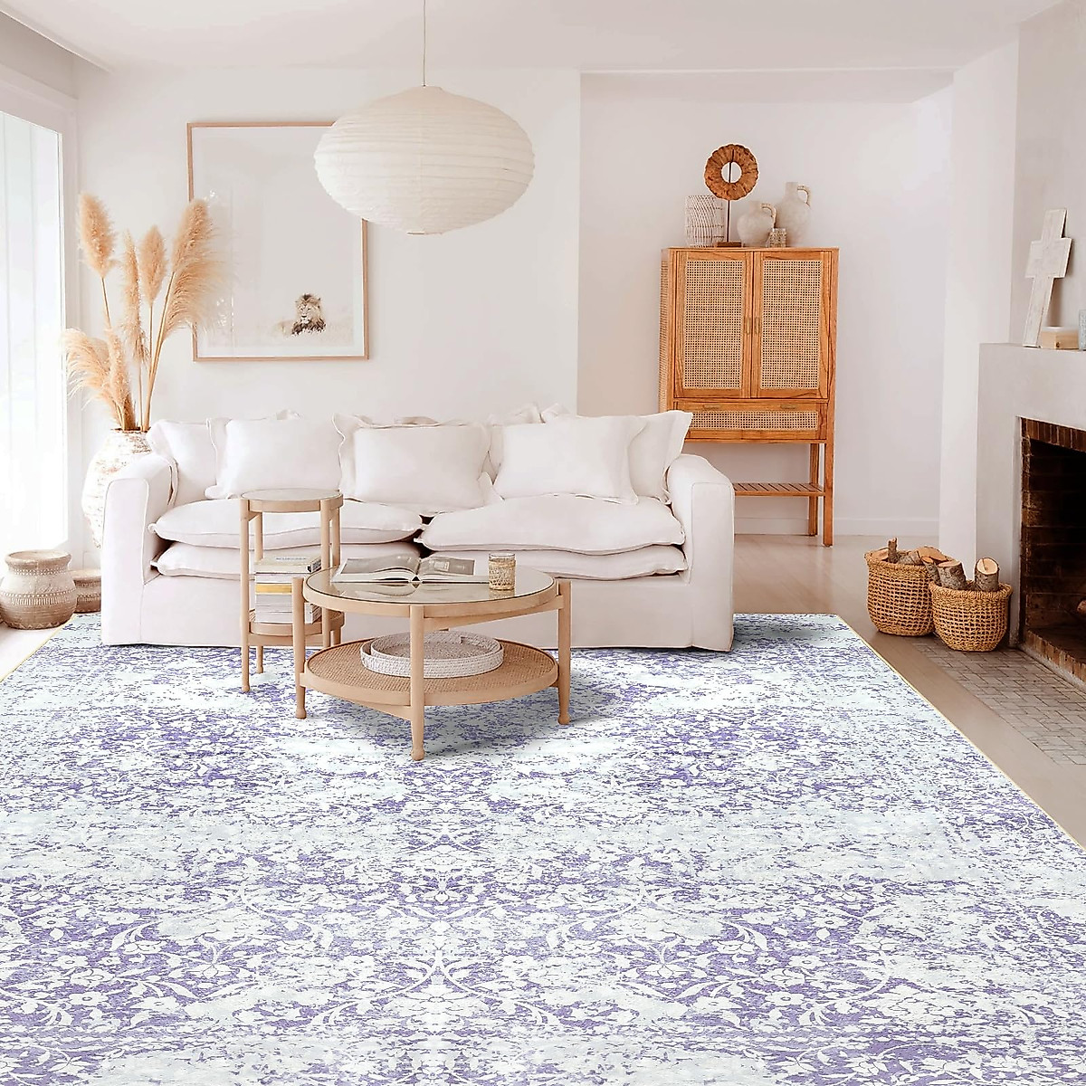 DUKINO Washable Area Rug 5x7, Boho Low-Pile Rugs for Living Room, Non Slip Rubber Backing Carpet, Soft Vintage Nursery Rug for Living Room, Bedroom, Dining Room, and Office - Purple