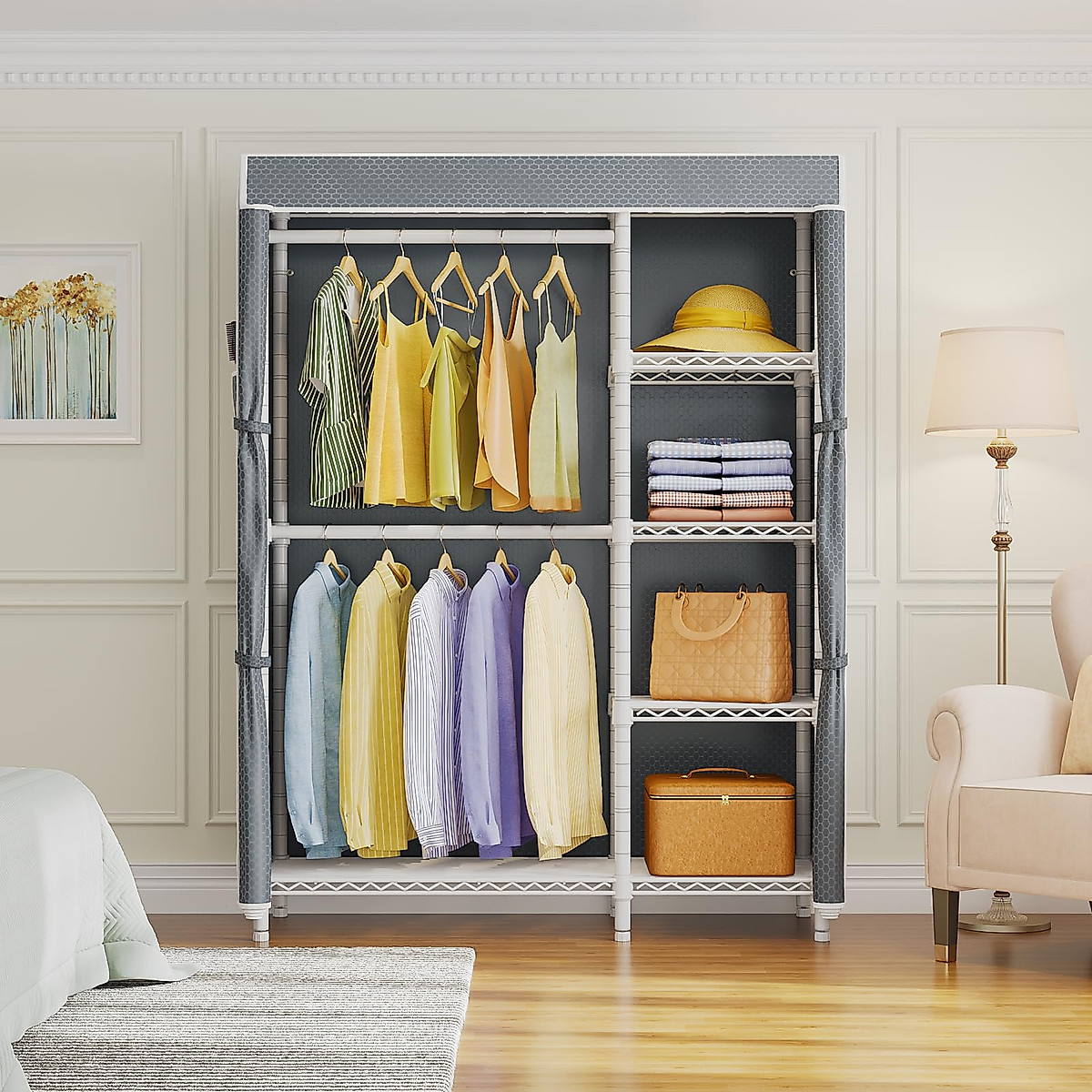 VIPEK V7C Basic Garment Rack with Cover Portable Closets for Hanging Clothes, Heavy Duty Clothes Rack with Shelves Metal Closet Wardrobe, Max 670lbs, White Rack with Grey Upgraded Polyester Cover