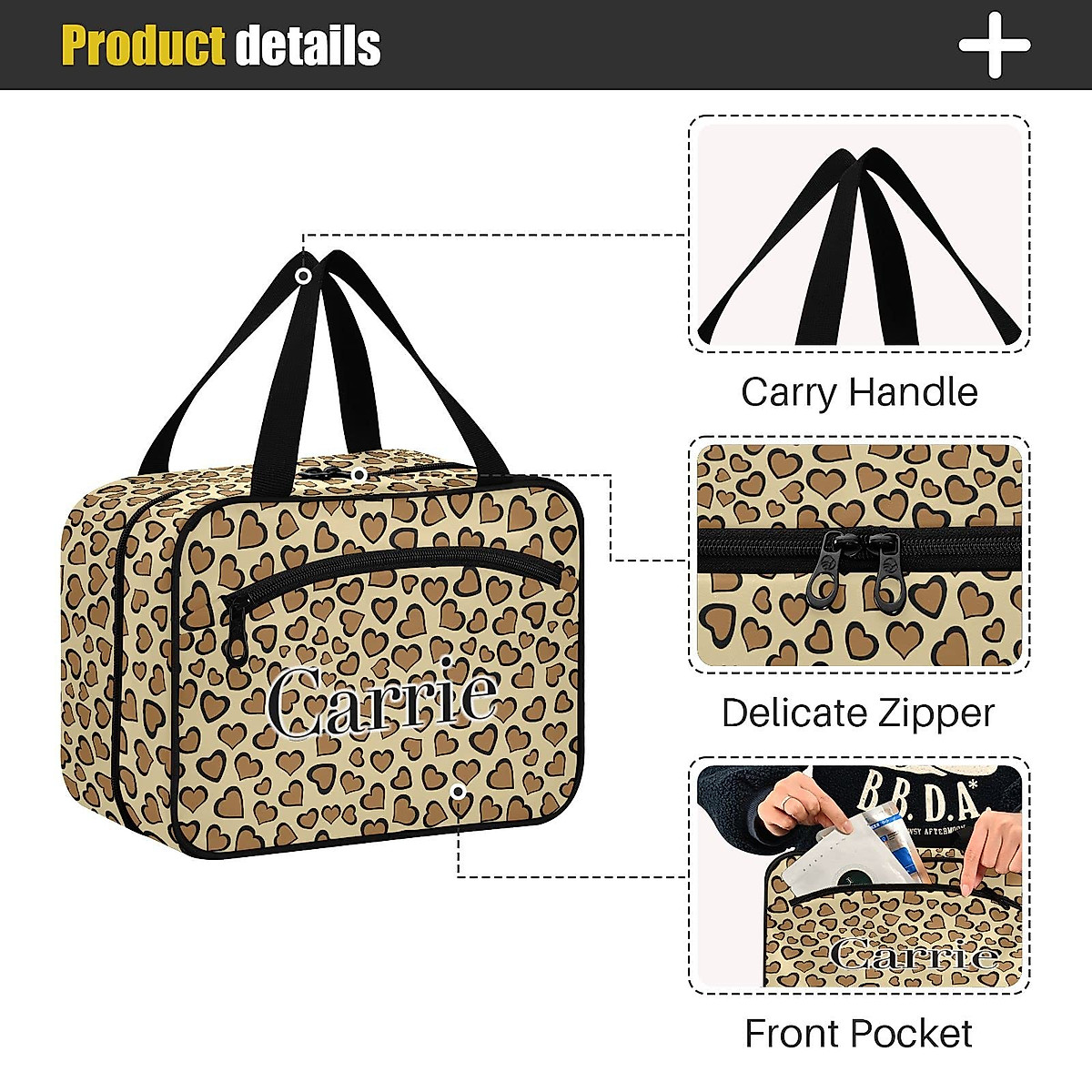 Vnurnrn Leopard Heart Personalized Large Travel Toiletry Bag for women Makeup Organizer Bag with Hanging Hook Shower Bag for Traveling Electric Shaver Brush