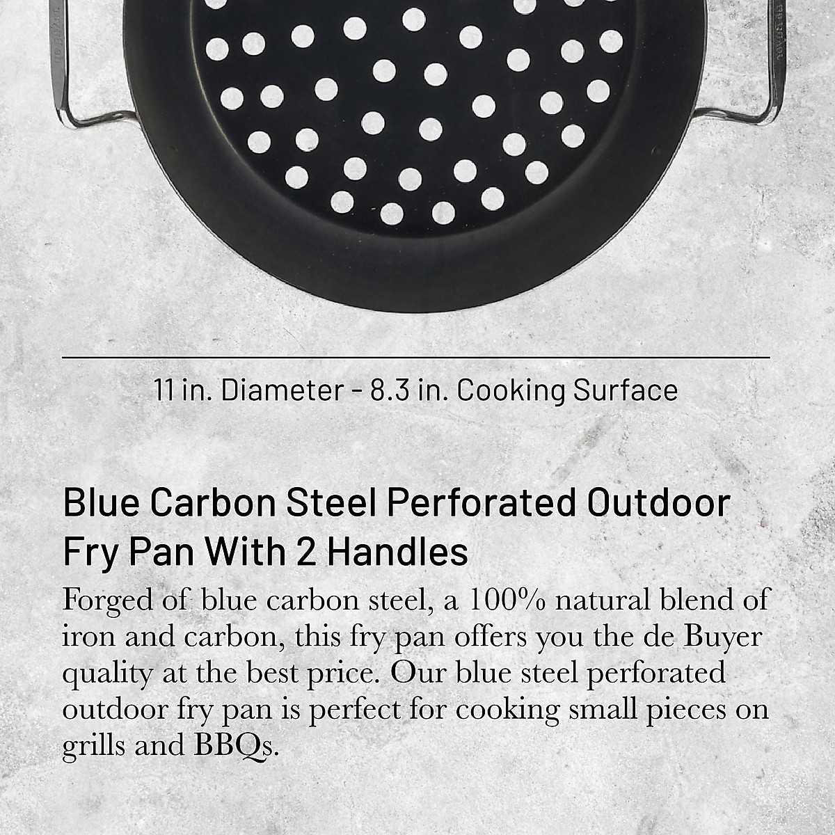 De Buyer Blue Carbon Steel Perforated Outdoor Fry Pan With 2 Handles - 2mm Thick - 11” Diameter, 8.3” Cooking Surface - Oven Safe - Naturally Nonstick - Made in France