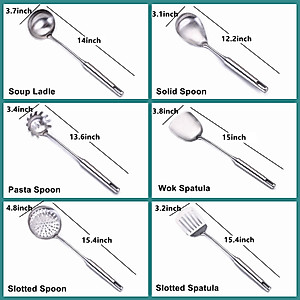 Cooking Utensils Set Stainless Steel Kitchen Metal Serving Utensils Set of 6 Pcs-Wok Spatula Ladle Set, Skimmer Slotted Spoon, Pasta Spoon, Serving Spoon, Slotted Spatula Tunner,Dishwasher Safe