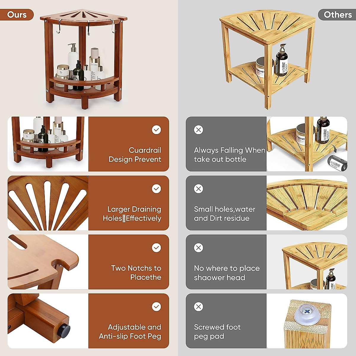 Corner Shower Stool 12in shower Seat for Inside Shower Bamboo Shower Stool for Shaving Legs Waterproof Bath Bench Seat with Storage Shelf Bamboo Shower Foot Rest for Small Shower Spaces Bath Seat