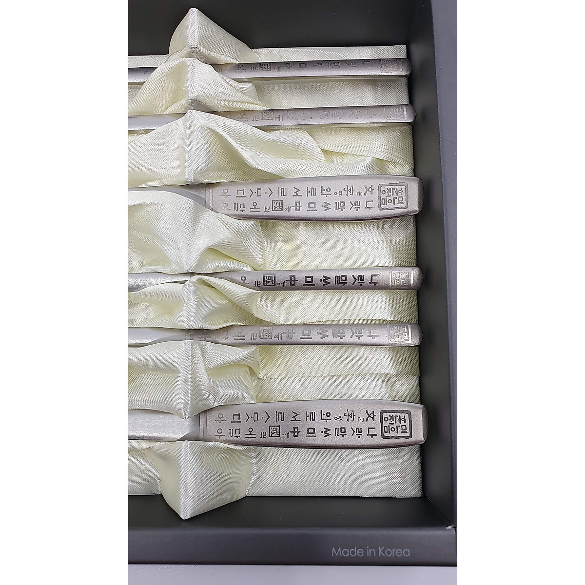 Korean Chopsticks Spoon 2 Set - METAL STAINLESS STEEL -Printed Hangul Characters (Hangul-Silver)