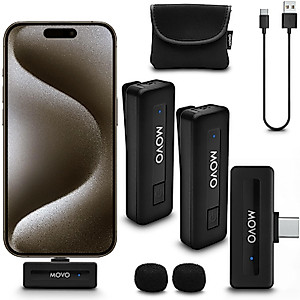 Movo Wireless Mini USB-C DUO Wireless Microphone for iPhone 15 - Ultracompact Bluetooth Microphone for iPhone 15 with Clip on Wireless Lavalier Microphone for iPhone 15
