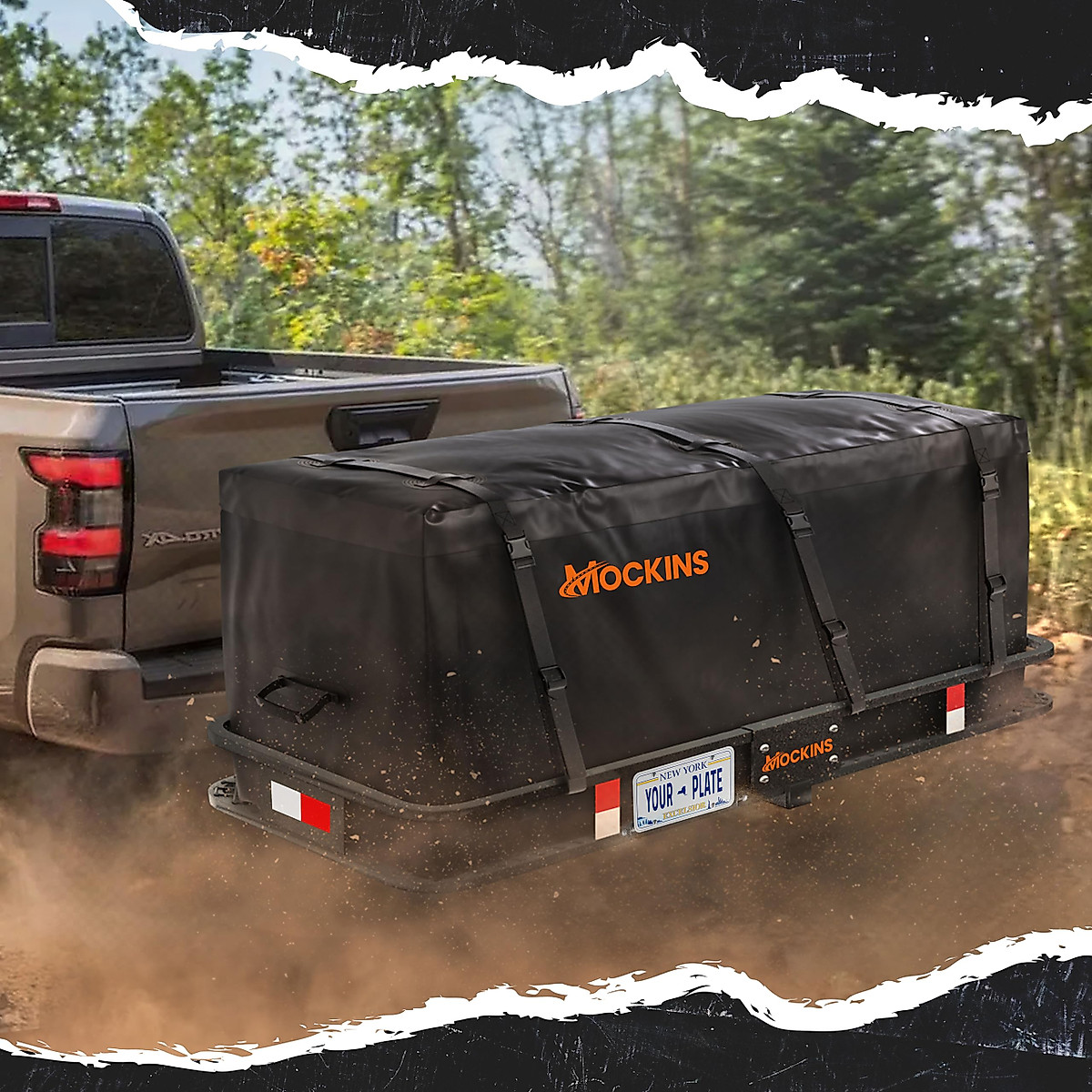 Mockins 60"x20"x6" Folding Trailer Hitch Cargo Carrier & 16 Cu.Ft. Waterproof Tow Hitch Cargo Carrier Bag Set | 500 Lbs. Capacity All-Weather Luggage Rack for Car, SUV, & Truck with Bag & Accessories