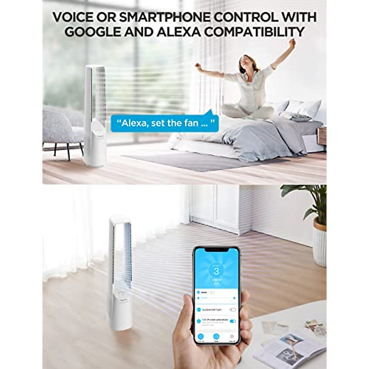 PELONIS Bladeless Tower Fan with 26-33ft Powerful Airflow, Alexa and Google Compatible, 6-Speed Settings, Quiet DC Motor, 120° Oscillation, 7-Hour Timer - Ideal for for Bedroom Home Office Use,White