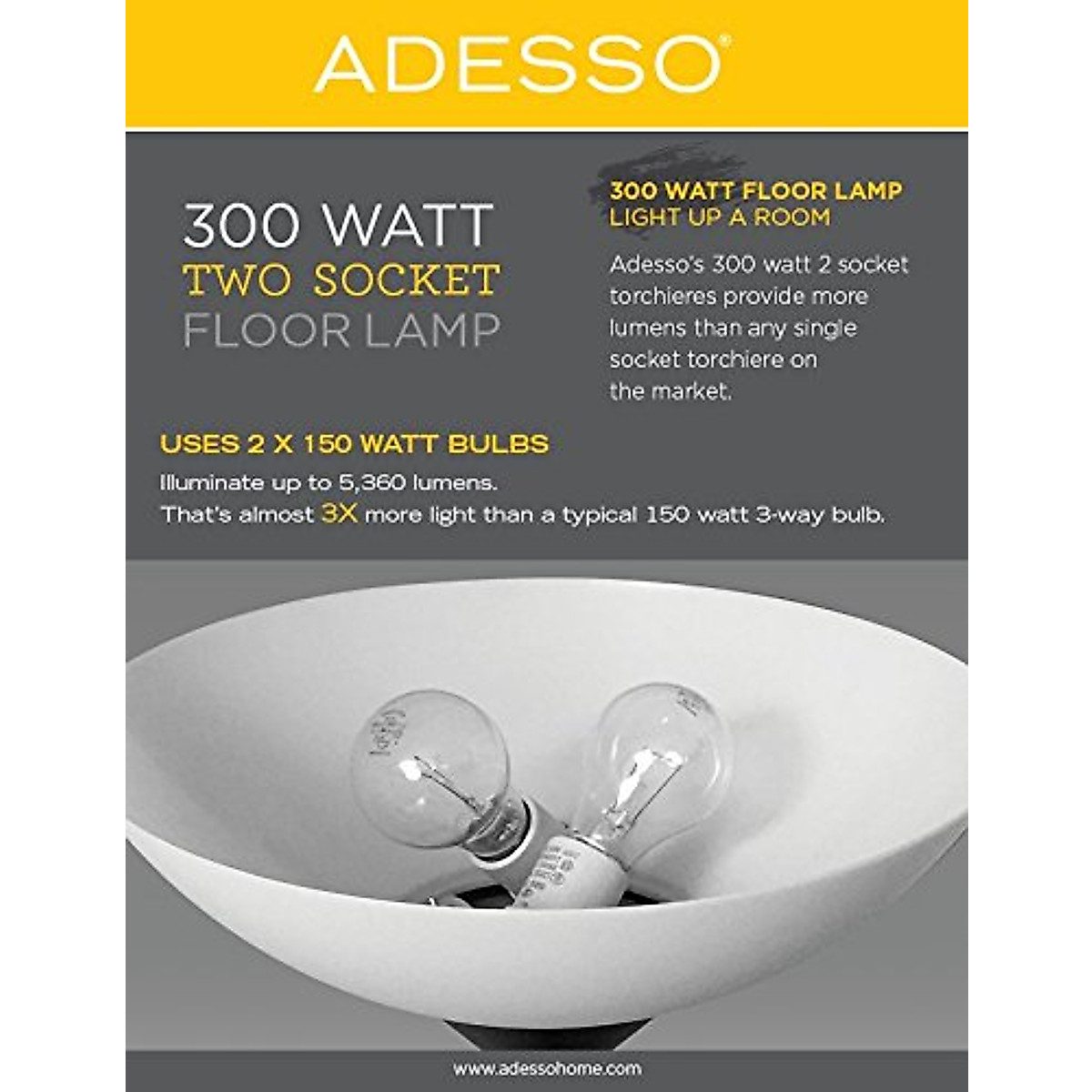 Adesso 7202-01 Piedmont 71" Torchiere with Adjustable Reading Lamp, 2 Lights, Black, Smart Outlet Compatible