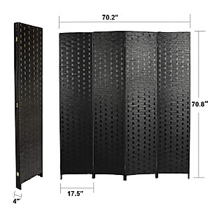Folding Room Screen Divider Hand-Woven Design Room Divider 6ft High Fiber Free-Standing Privacy Screen Suitable for Living Room and Study (Black, 4 Panels)