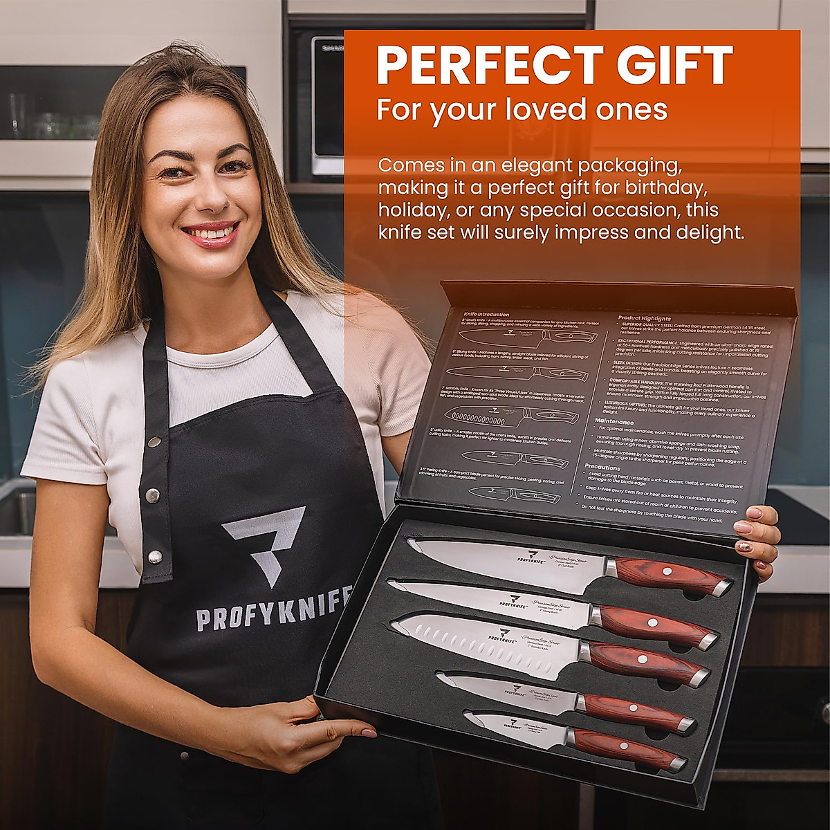 PROFYKNIFE PrecisionEdge 5 Piece Knife Set Ultra Sharp Japanese Chef Knife Set Professional with Ergonomic Red Pakkawood Handles Japanese Kitchen Knives Sets without block High Carbon Stainless Steel
